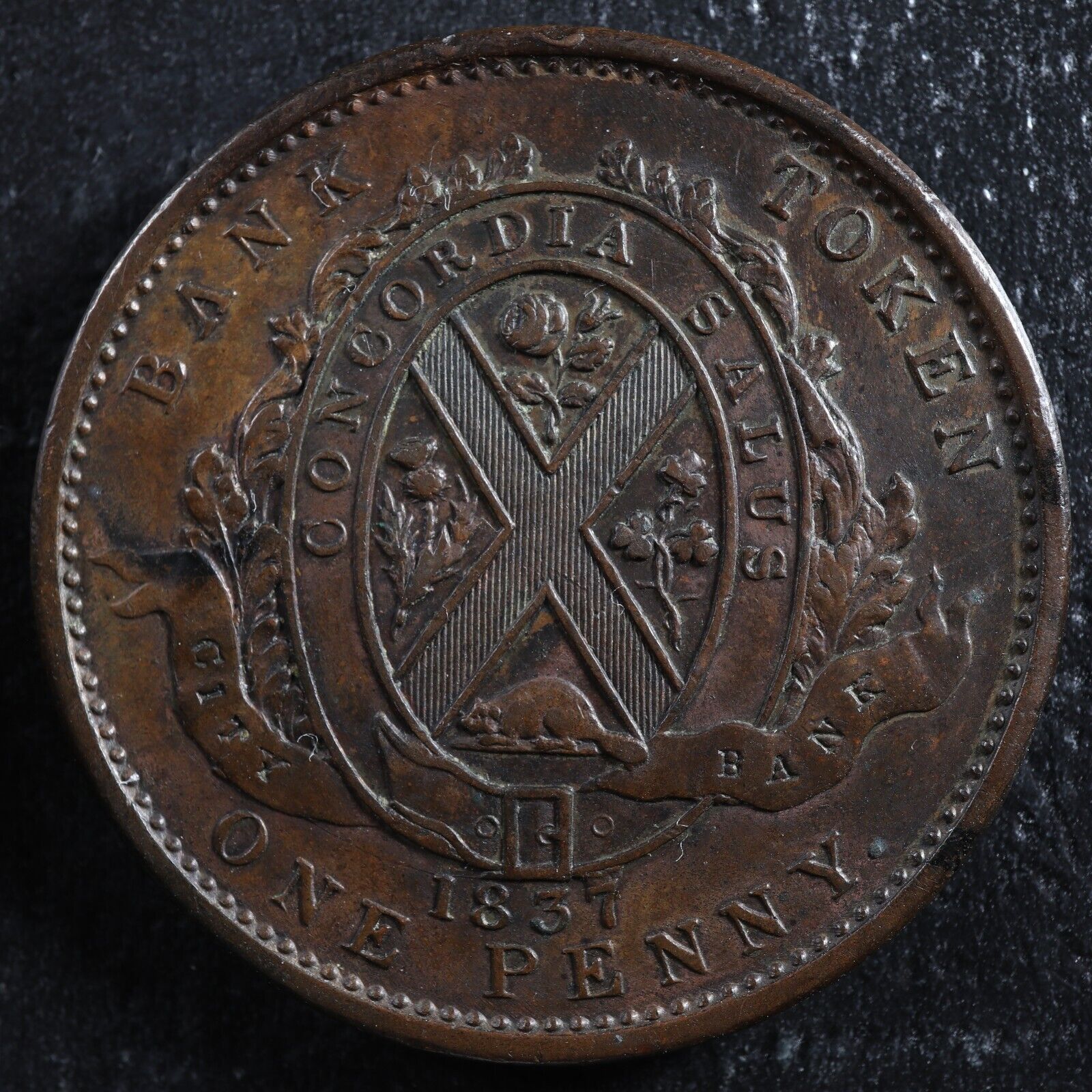 LC-9A3 One Penny token Deux sous 1837 Bas Lower Canada City Bank Breton ...